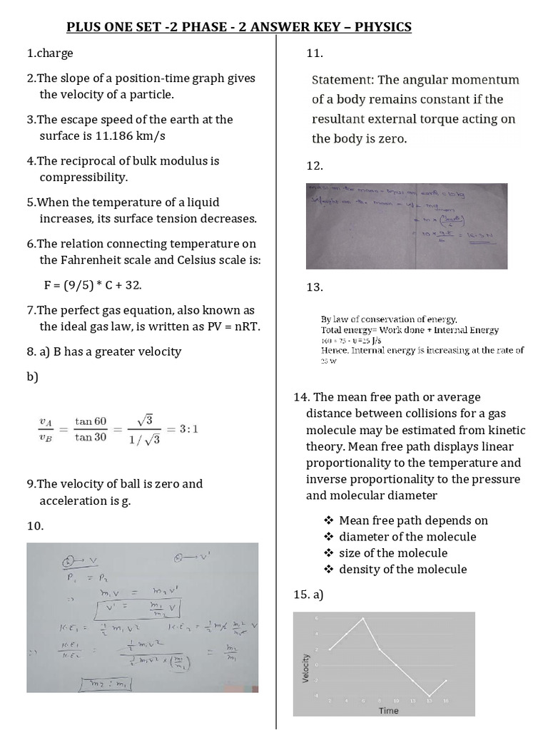 +1 Model Physics Set 2 Phase 2 Ans Key | PDF | Force | Gases