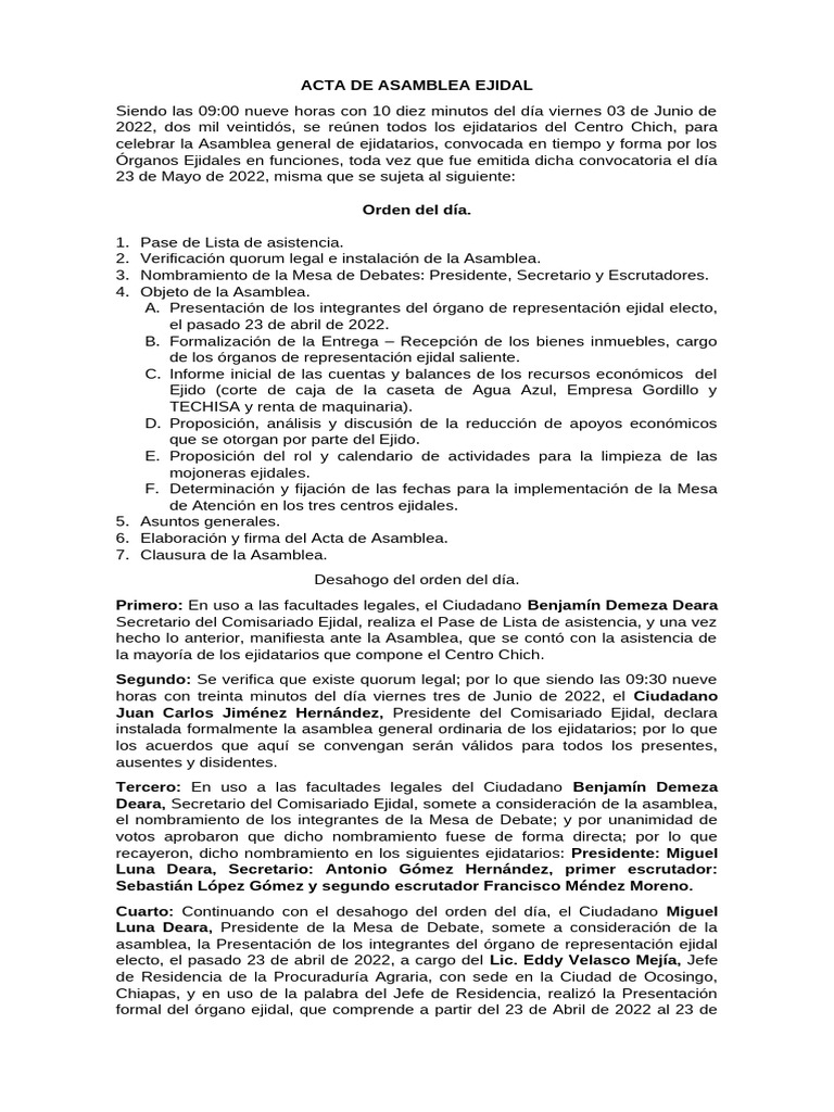 Acta de Asamblea Ejidal 2022 | PDF | Chiapas