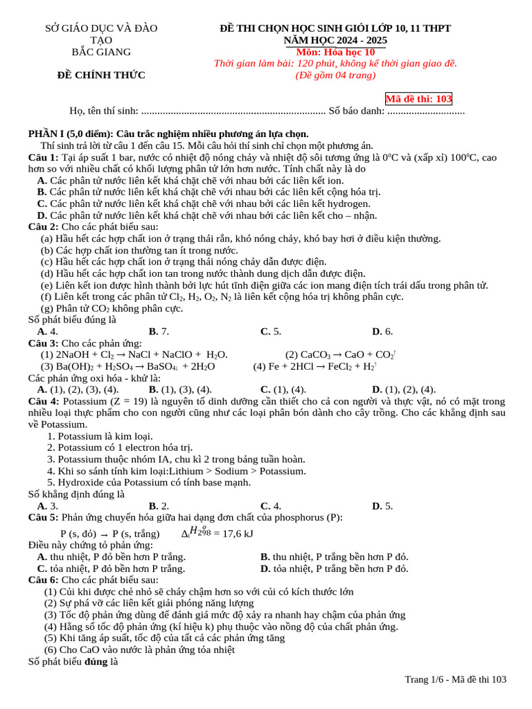 ĐỀ HSG HOÁ 10 | PDF