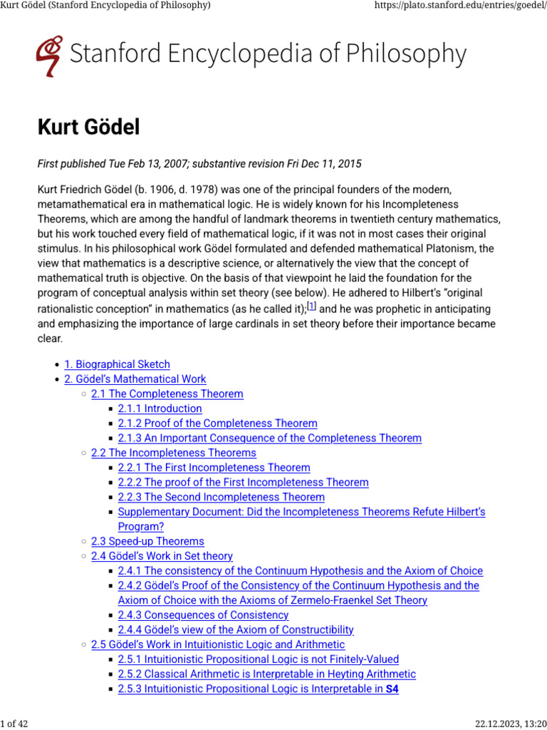 Kurt Gödel (Stanford Encyclopedia of Philosophy) | PDF | Model Theory | Mathematical Logic
