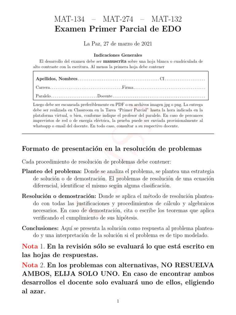 (B) Examen EDO | PDF | Ecuaciones | Ecuaciones diferenciales