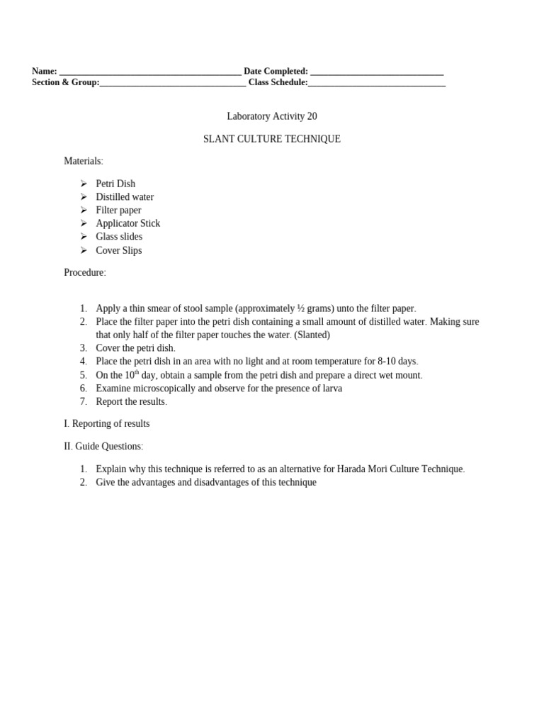 Laboratory Activity 20 Slant Culture Technique | PDF