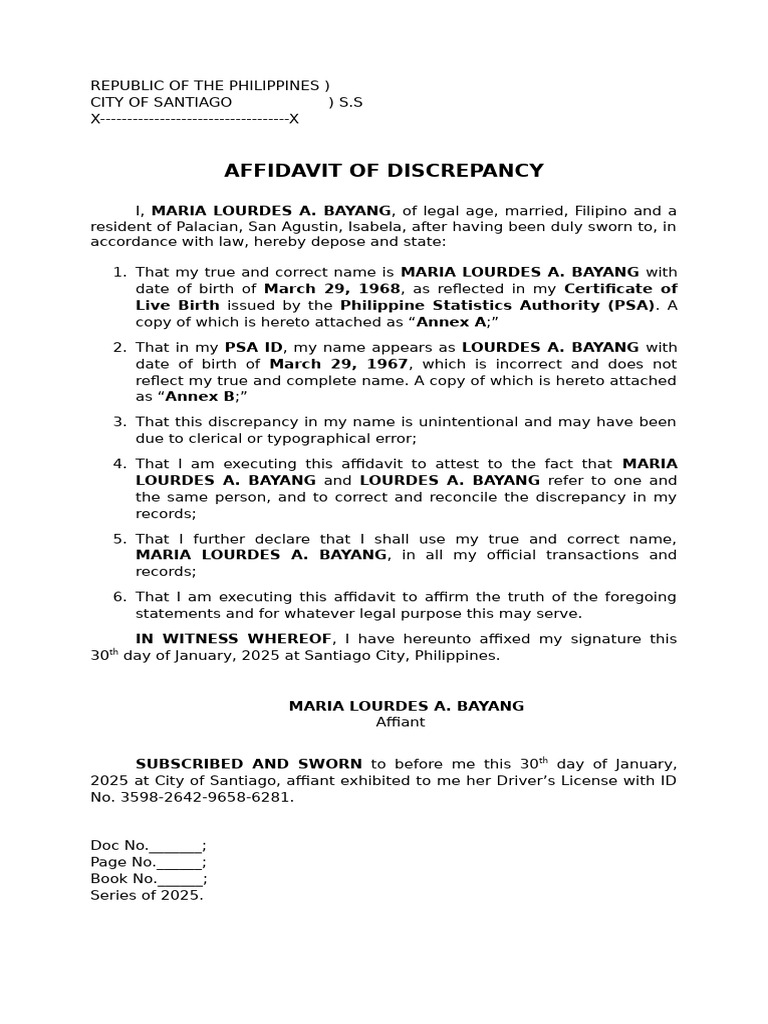 Affidavit of Discrepancy-Bayang | PDF