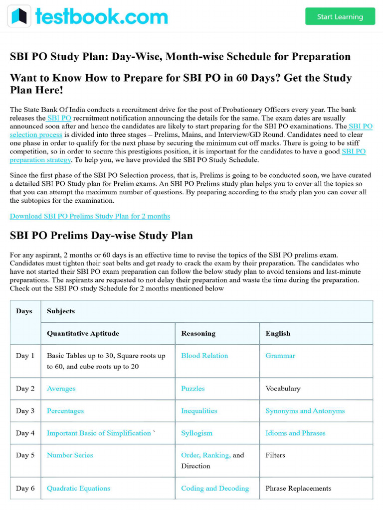 SBI PO Study Plan - Day-Wise, Month-Wise Schedule For Preparation | PDF