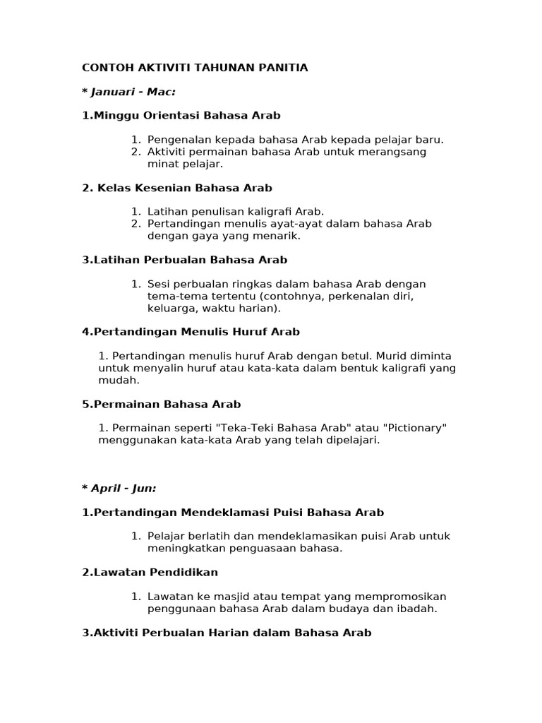 Contoh Aktiviti Tahunan Panitia | PDF