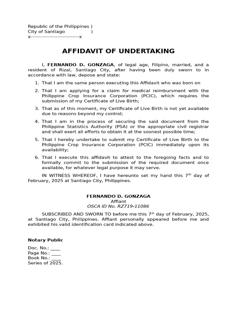 AFFIDAVIT OF UNDERTAKING- Crop Insurance | PDF
