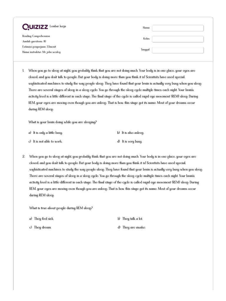 Reading Comprehension - Quizizz | PDF | Sleep | Rapid Eye Movement Sleep