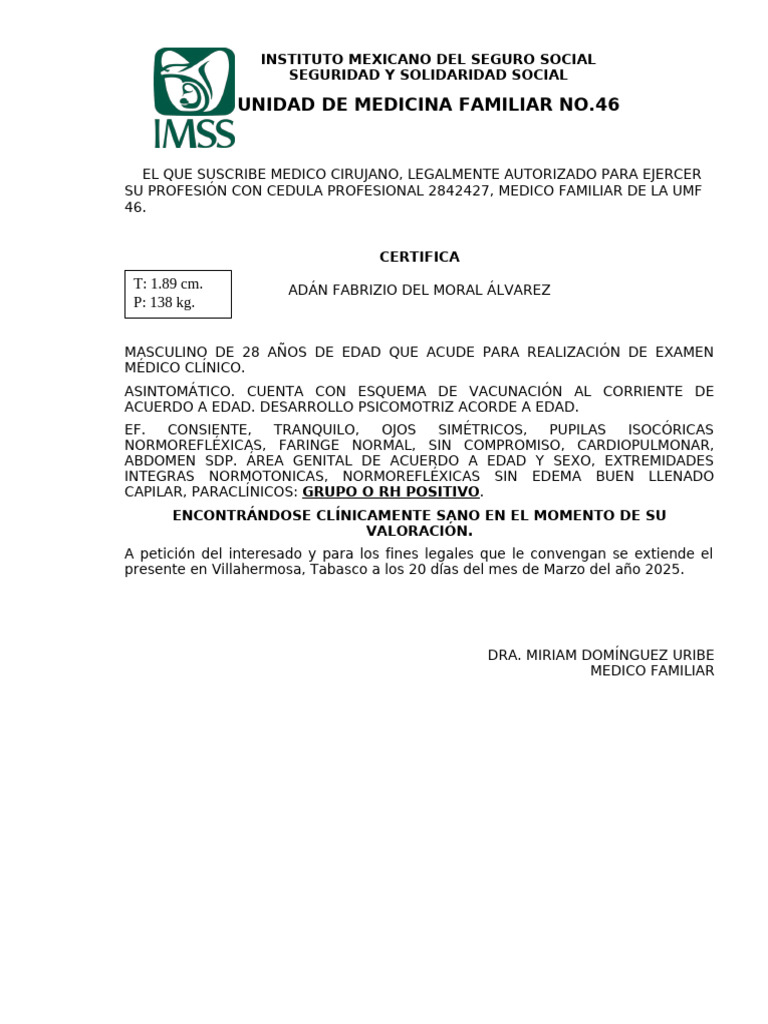 Certificado Médico Imss 2025 Pdf Ciencias De La Salud Servicios