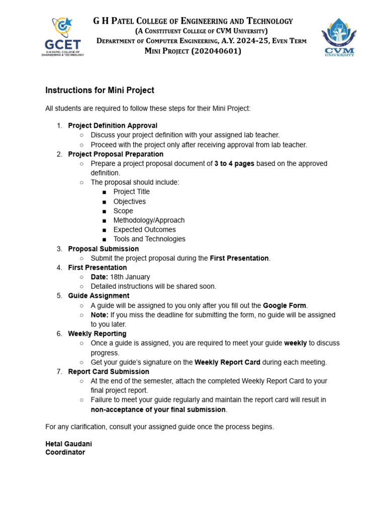 Instructions For Mini Project For Students | PDF