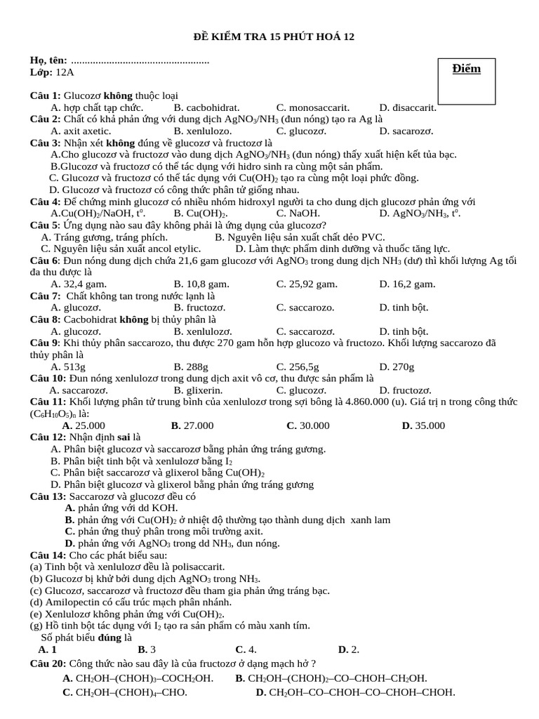 KIEM TRA 15p CACBOHIDRAT | PDF
