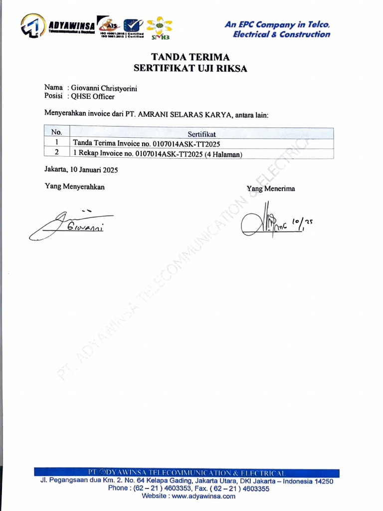 Tanda Terima Invoice PT Amrani Selaras Karya | PDF