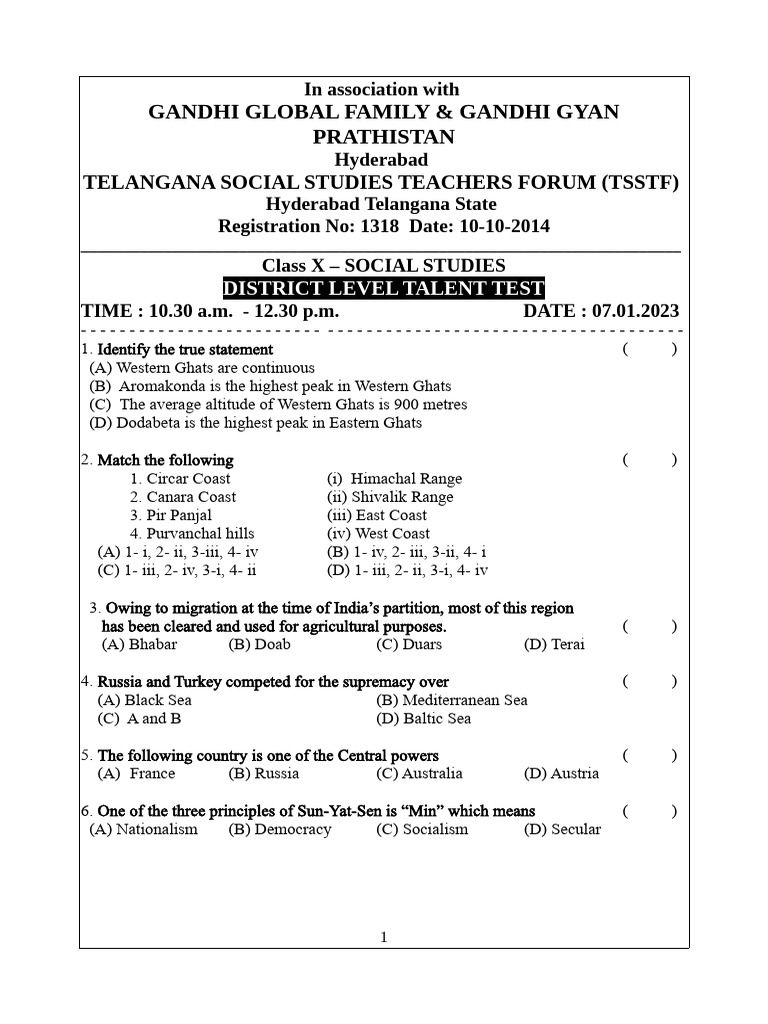 District Level Talent Test - English 2023 Januaary | PDF | British Raj