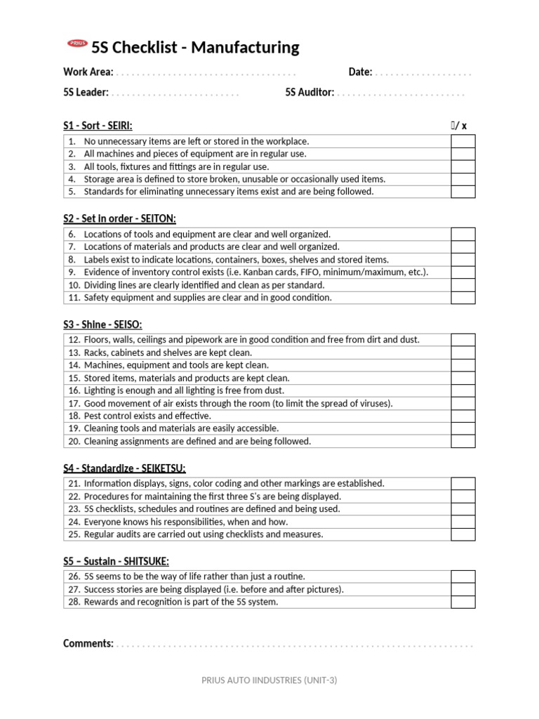 5s Audit Checklist Manufacturing | PDF