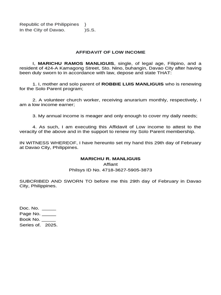Affidavit of Low Income for Solo Parent | PDF