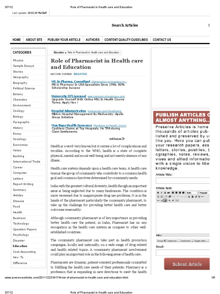 Role of Pharmacist in Health Care and Education | PDF | Wellness ...