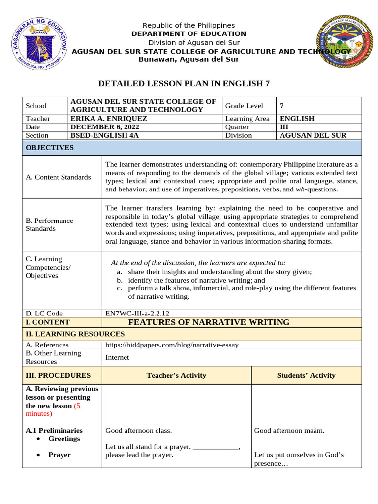 English 7 Narrative Writing Lesson Plan | PDF | Narrative | Human ...