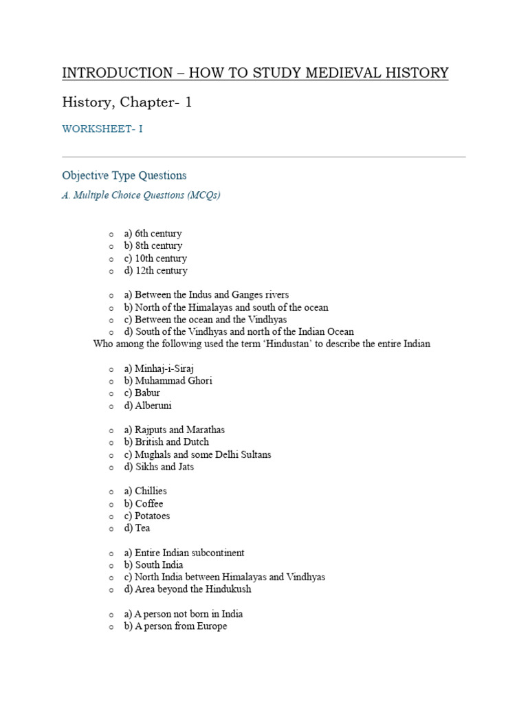 History, Chapter - 1, STD - VII (WORKSHEET 1) | PDF | Middle Ages ...