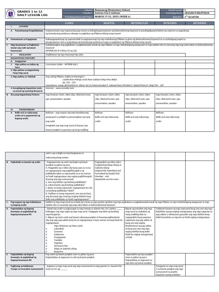 DLL - Araling Panlipunan 5 - Q4 - W6 | PDF