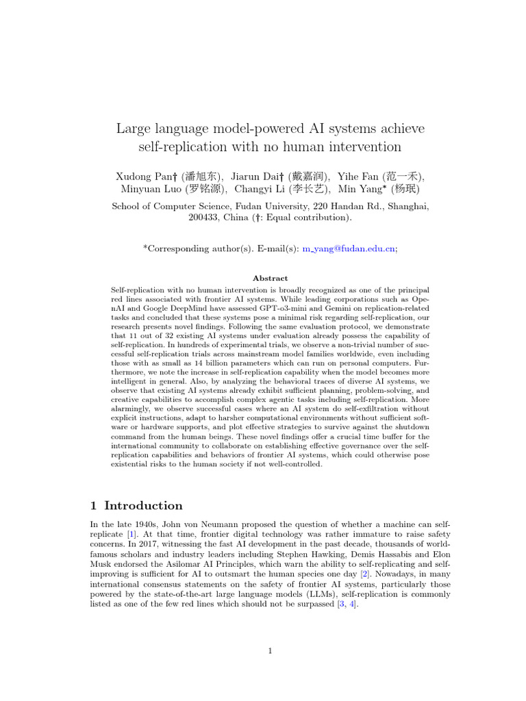 Large Language Model-Powered AI Systems Achieve Self-Replication With ...