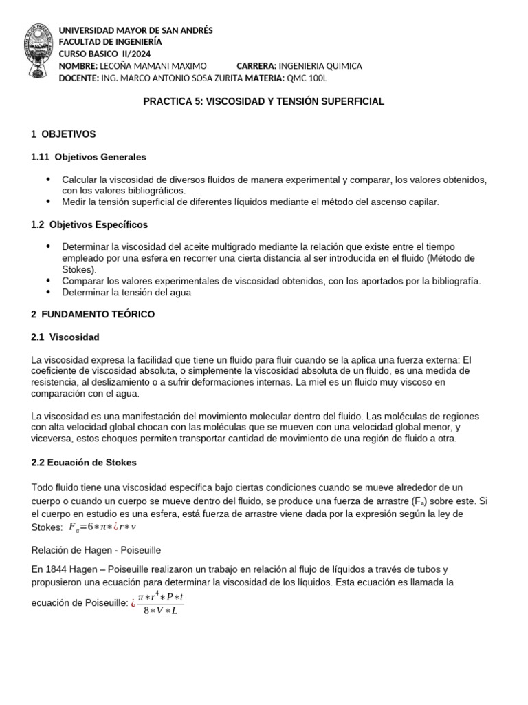 Informe-5 Viscosidad y Tension Superficial | PDF | Viscosidad | Arrastrar (Física)