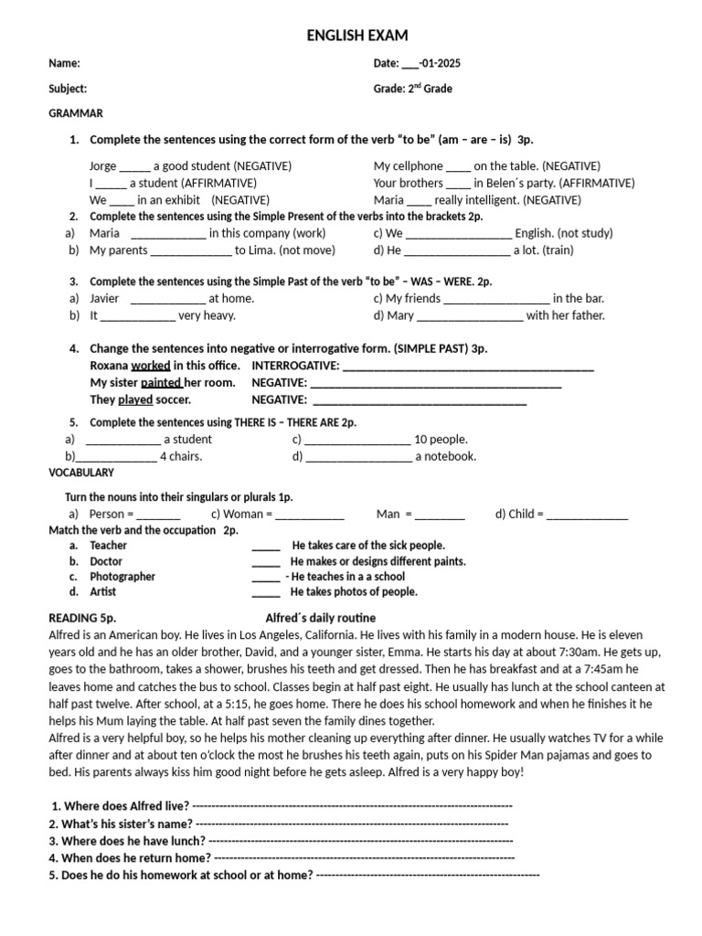 ENGLISH EXAM Inglés 2do DICIEMBRE | PDF | English Language | Sentence (Linguistics)