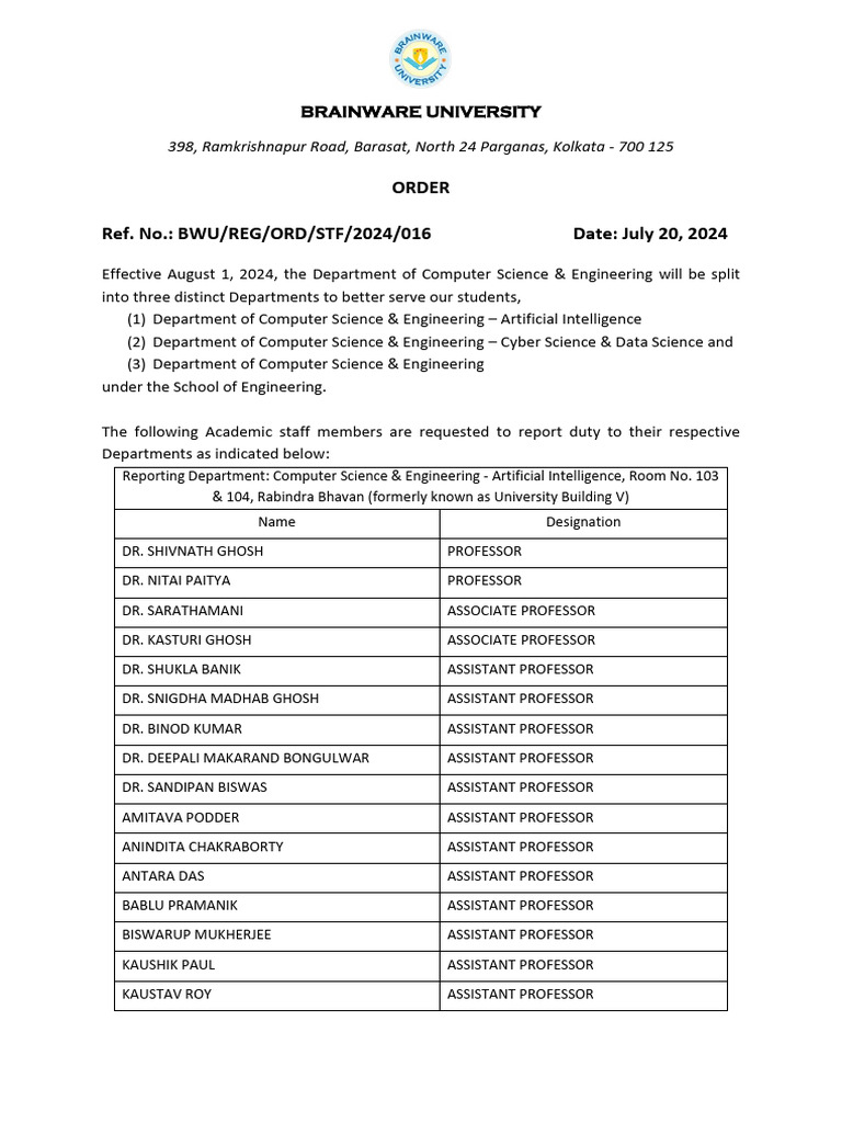 Brainware University CS Department Reorganization | PDF