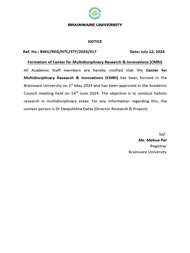 Brainware University Forms CMRI Center | PDF