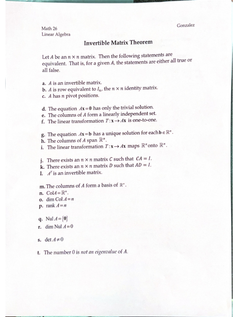 Invertible Matrix Theorem Form | PDF