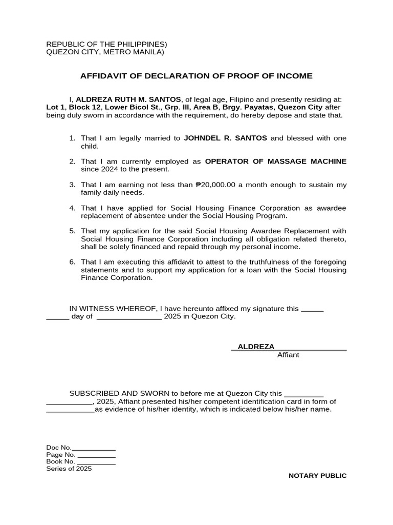 Affidavit of Declaration of Proof of Income | PDF