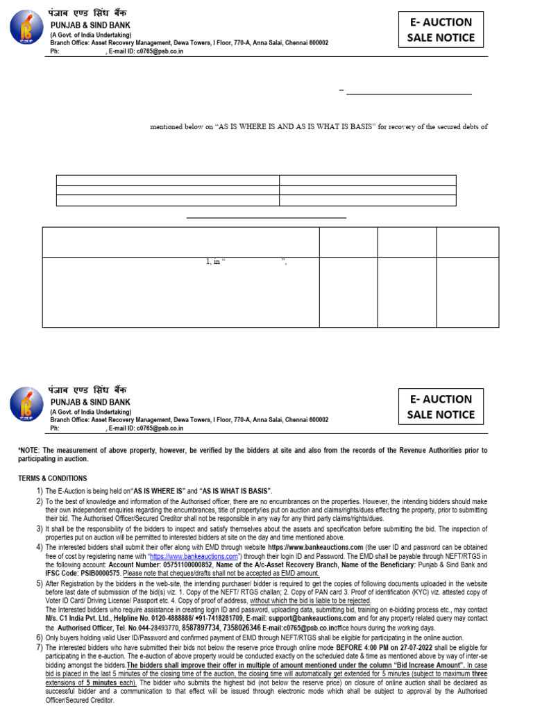 PSB E-Auction Sale Notice for Property | PDF | Auction | Identity Document