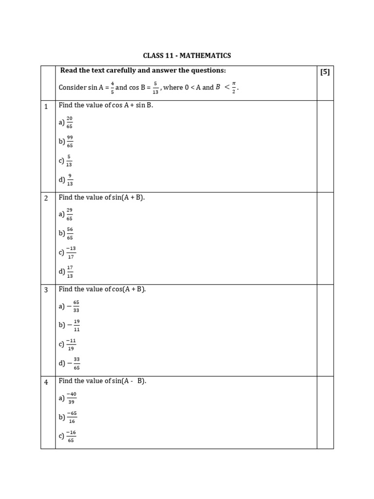 CLASS XI MATHEMATICS HOLIDAY HOMEWORK | PDF