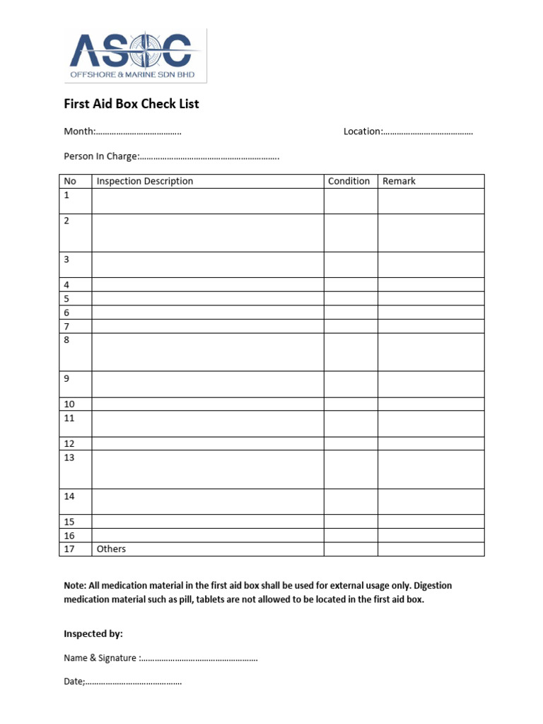 First Aid Box Inspection Checklist | PDF