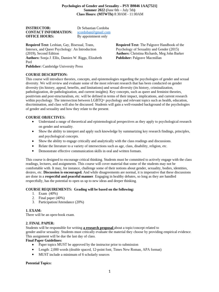 Psychology of Gender and Sexuality (Summer 2022) - PSY B9846 | PDF ...