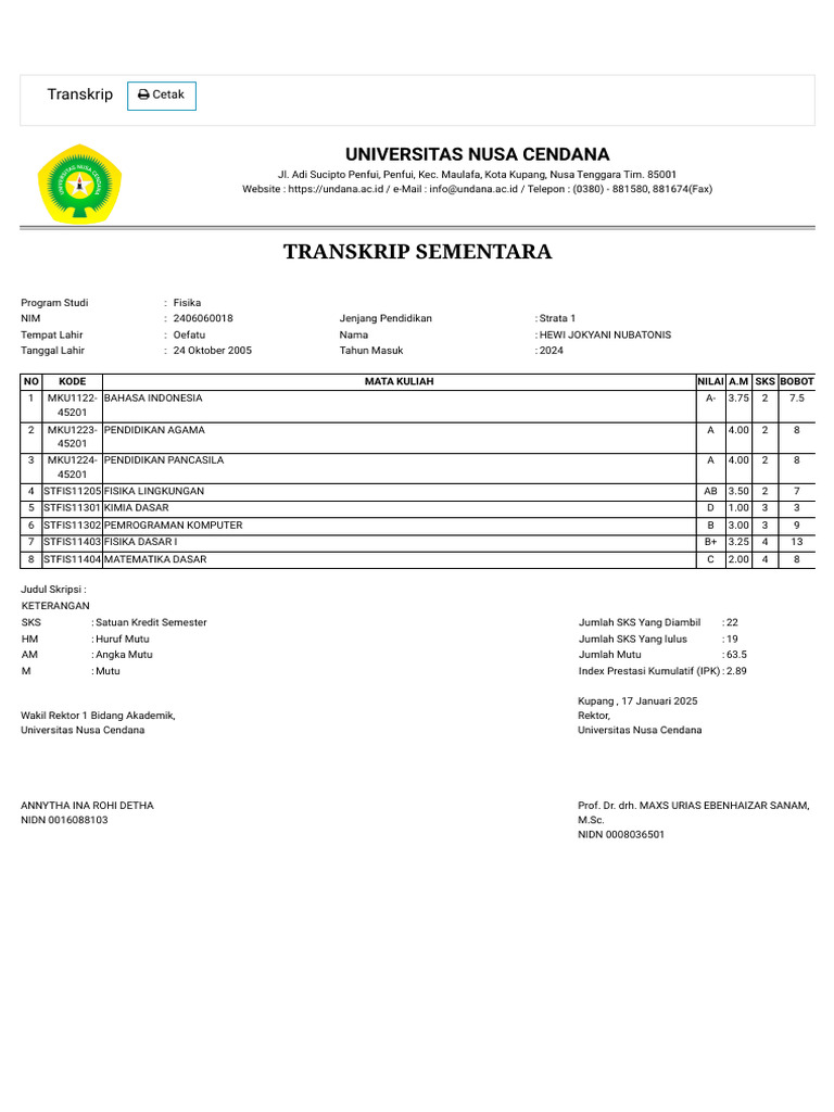 Transkip Nilai Hewi Mahasiswa | PDF