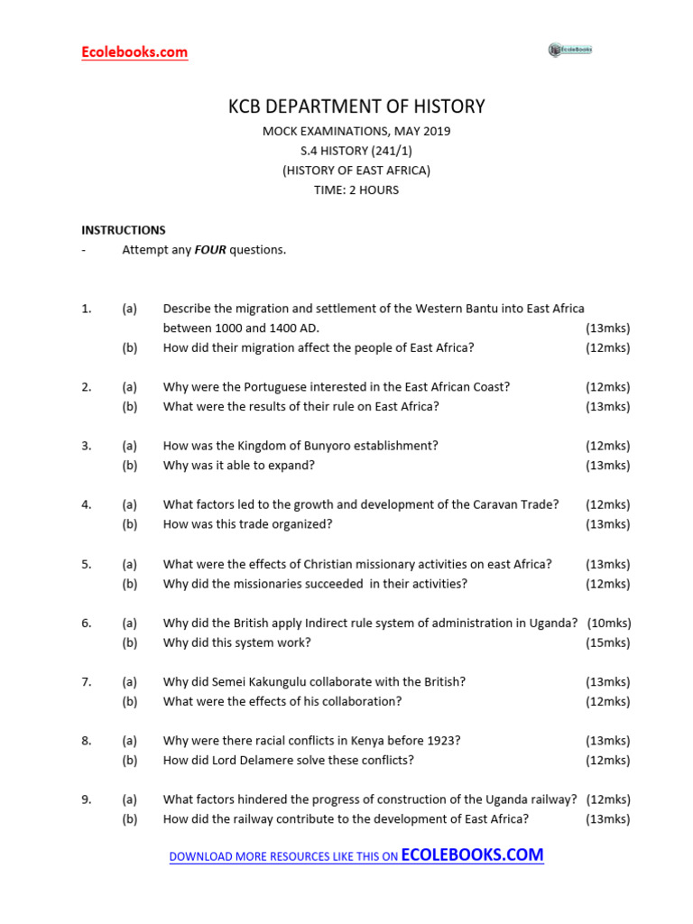 S.4 History P1 Mock 1 | PDF | East Africa | Africa