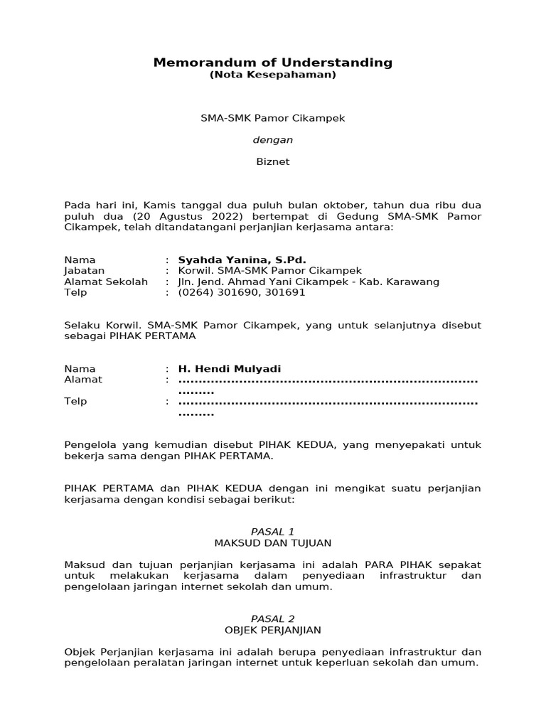 MOU Pamor Dengan Biznet | PDF