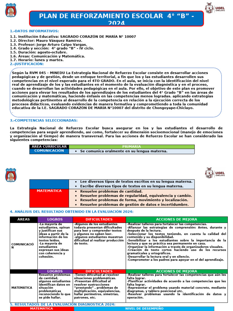 4°b Plan de Reforzamiento 2024 | PDF | Cognición | Aprendizaje