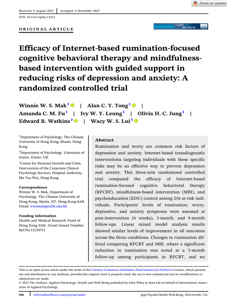 Applied Psych Health Well - 2023 - Mak - Efficacy of Internet Based ...