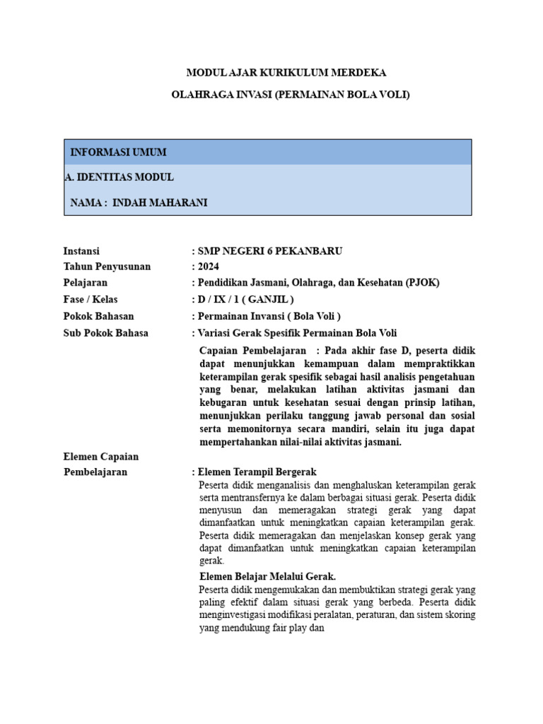 MODUL AJAR KURIKULUM MERDEKA TARL DAN CRT ( BOLA VOLI ) INDAH MAHARANI FIX | PDF