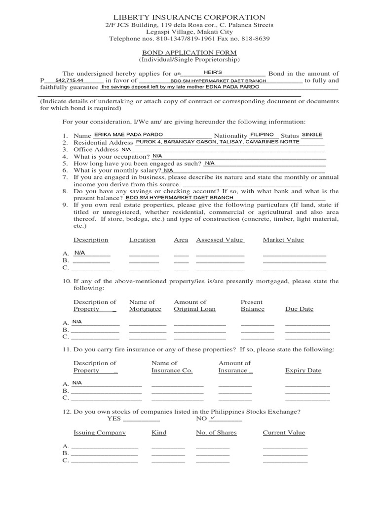 Bond Application Form for Individuals | PDF | Surety | Financial Services