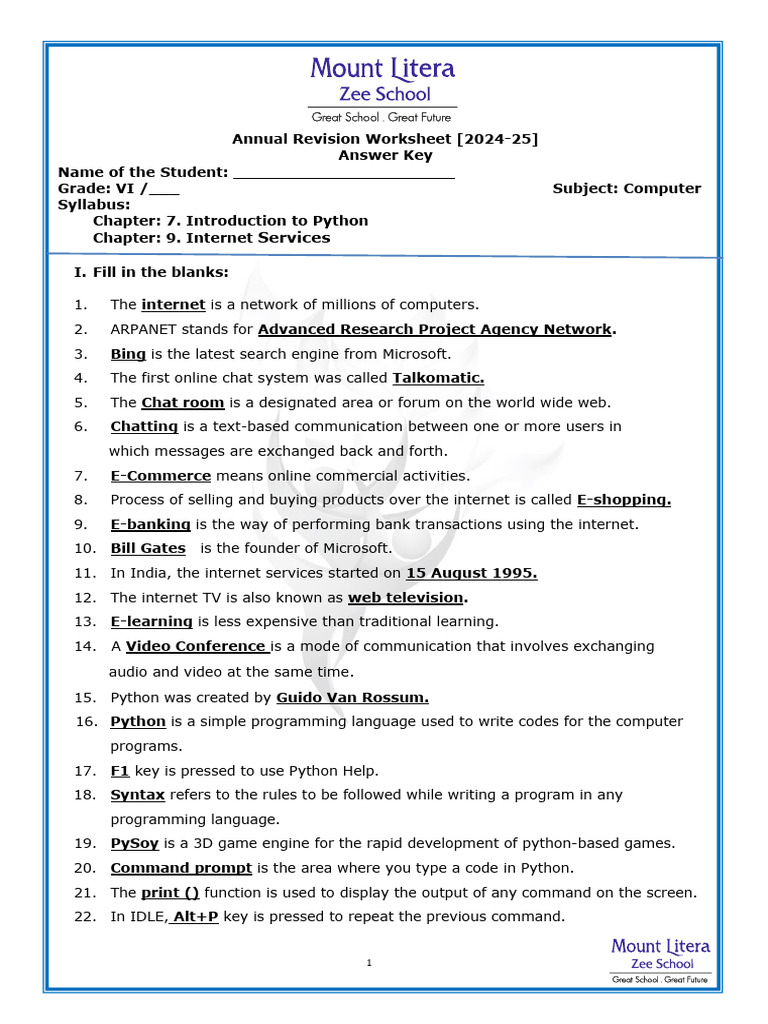 Grade 6 - Computer - AE Revision WS Key | PDF | Reserved Word | Internet