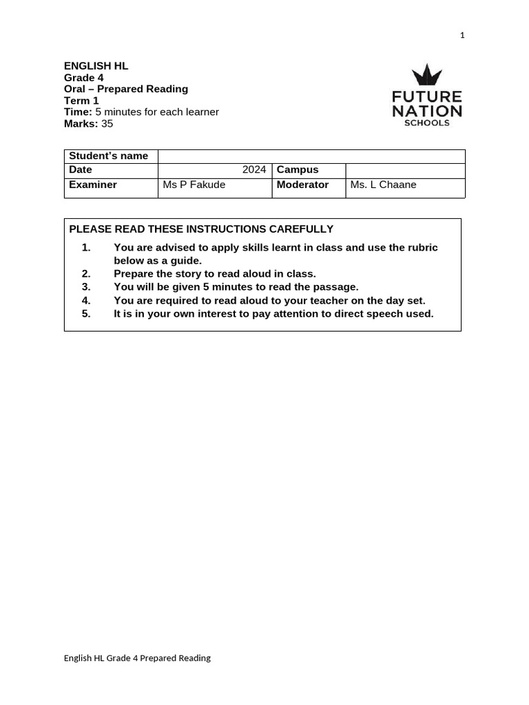 Grade 4 Eng HL Prepared - Reading Assessment | PDF | Reading ...