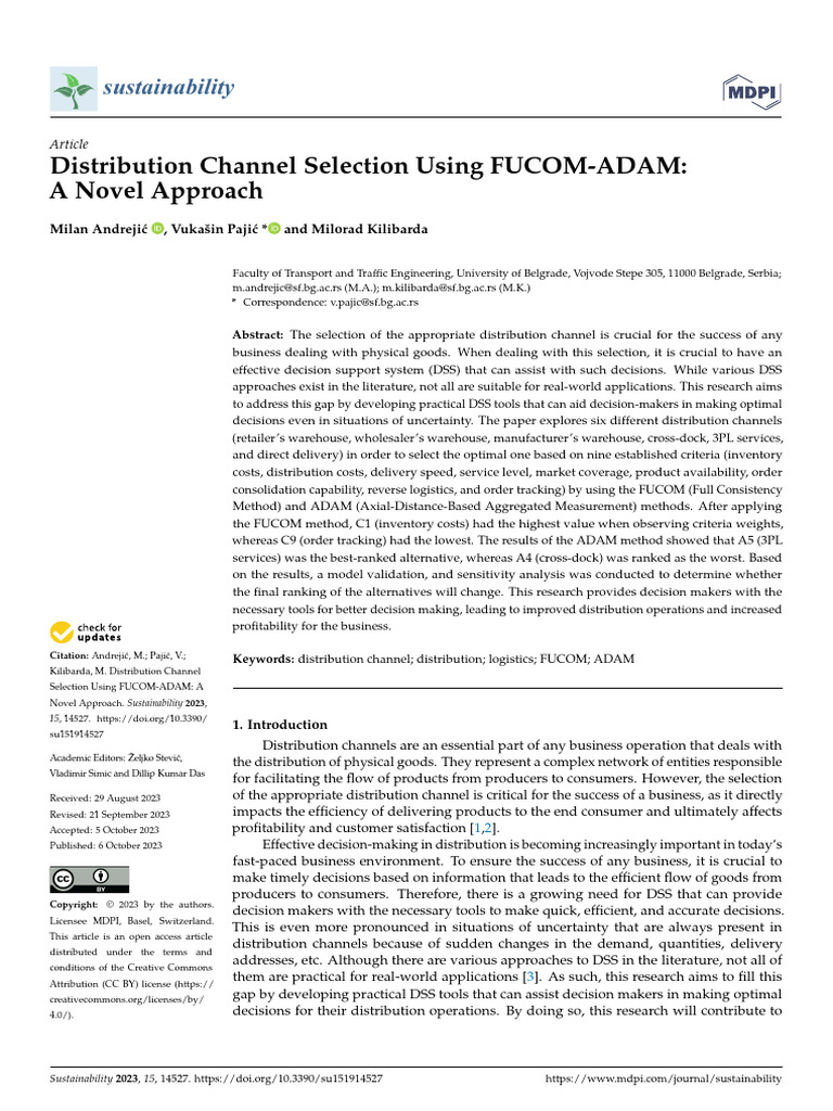 Distribution Channel Selection Using FUCOM-ADAM A Novel Approach | PDF | Logistics | Marketing