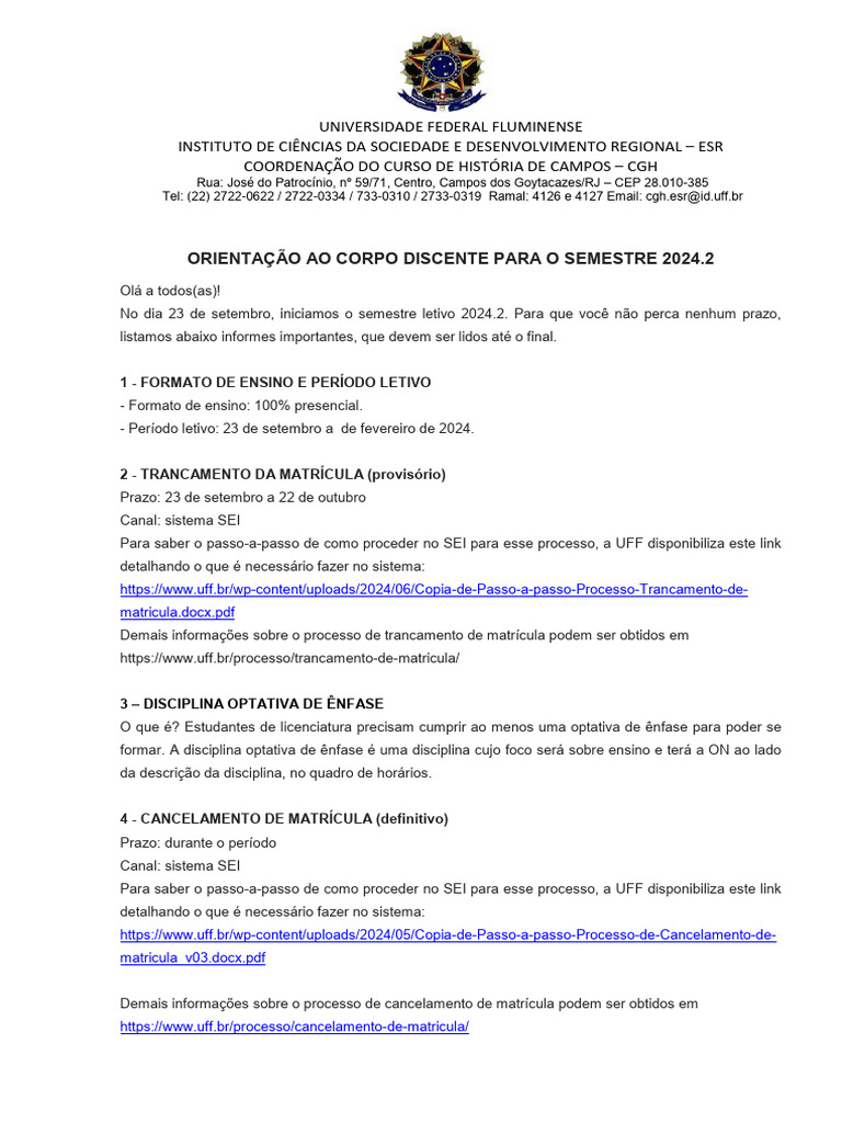 Orientação Ao Corpo Discente para o Semestre 2024.2 | PDF