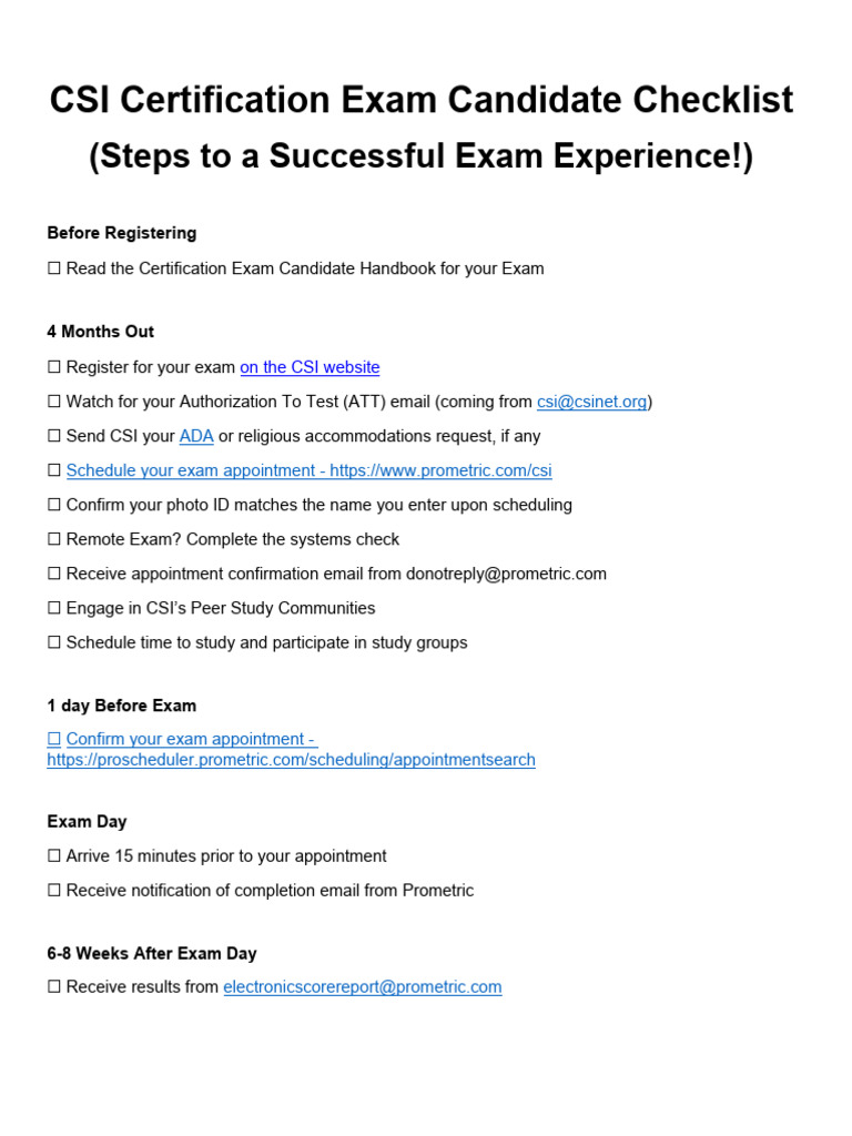 CSI Certification Exam Candidate Checklist | PDF