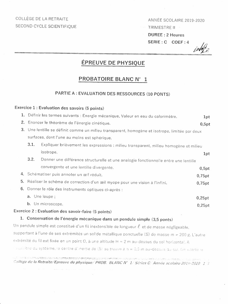 Physique - Collège de La Retraite - Probatoire Blanc #1 - Série C ...