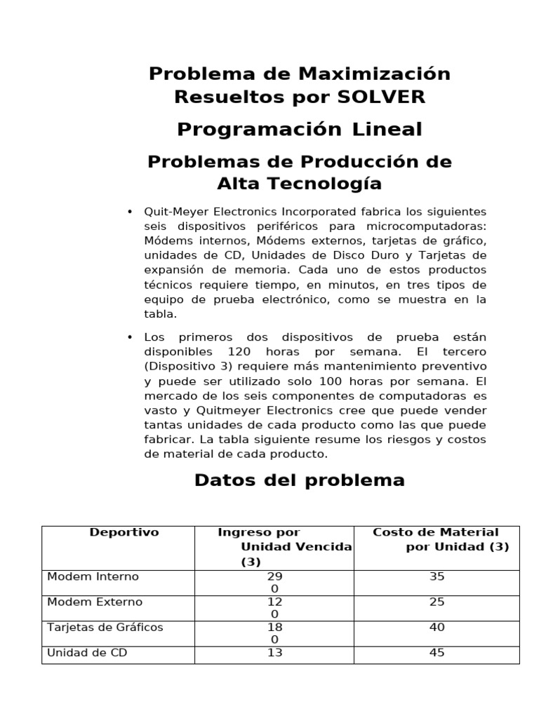 Problema de Maximizacion Resueltos Por Solver | PDF | Hardware de la computadora | Módem