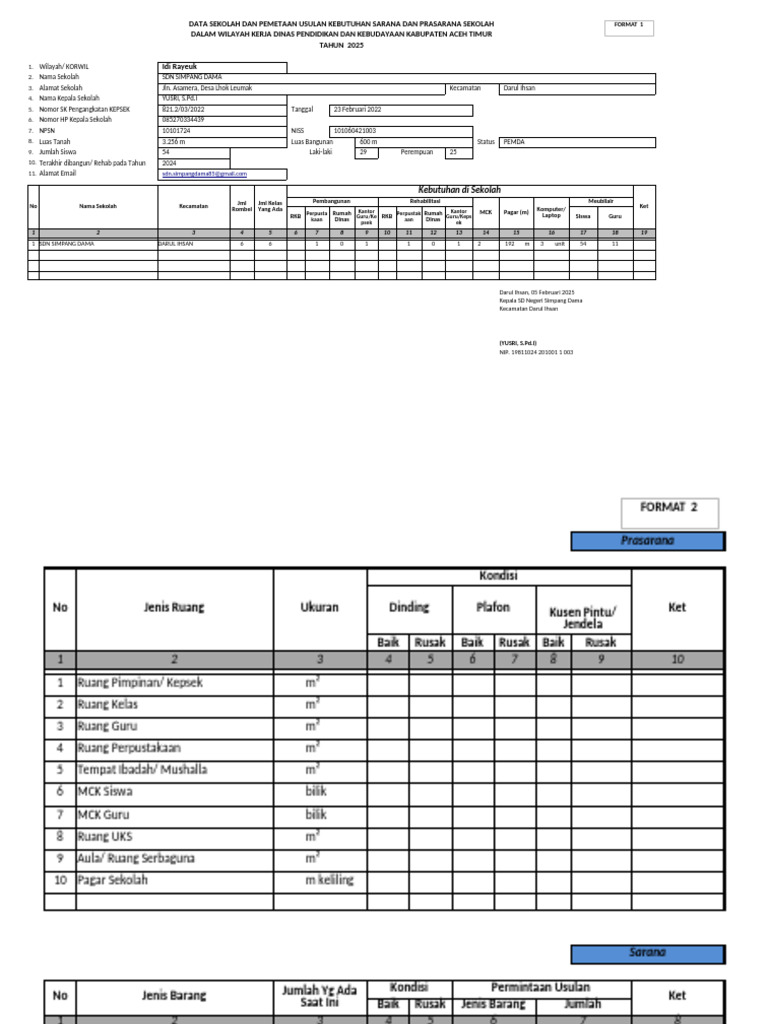 Data Kebutuhan Sarpras Sekolah 2025 | PDF
