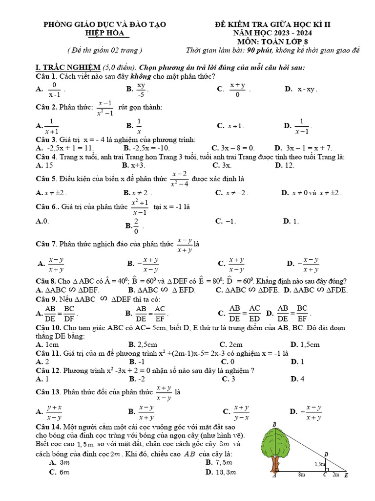 De Giua Hoc Ki 2 Toan 8 Nam 2023 2024 Phong GDDT Hiep Hoa Bac Giang | PDF