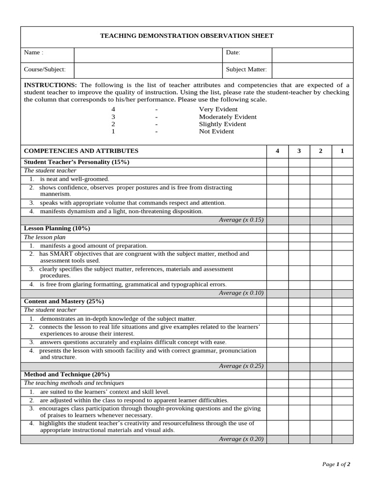 Teaching Demonstration Observation Sheet | PDF